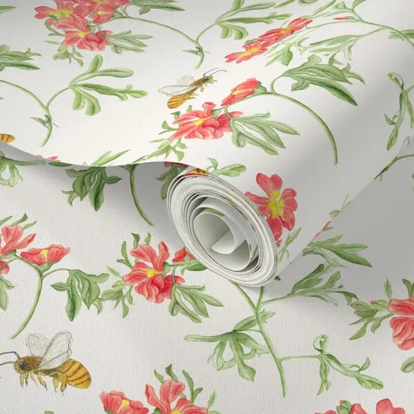 Spoonflower Watercolor Botanical Insects Organic Green Custom Pre-pasted Wallpaper - Red