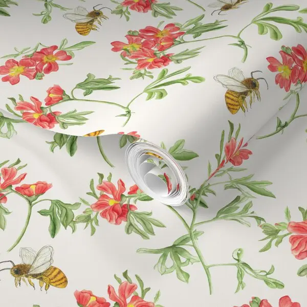 Spoonflower Watercolor Botanical Insects Organic Green Custom Pre-pasted Wallpaper - Red