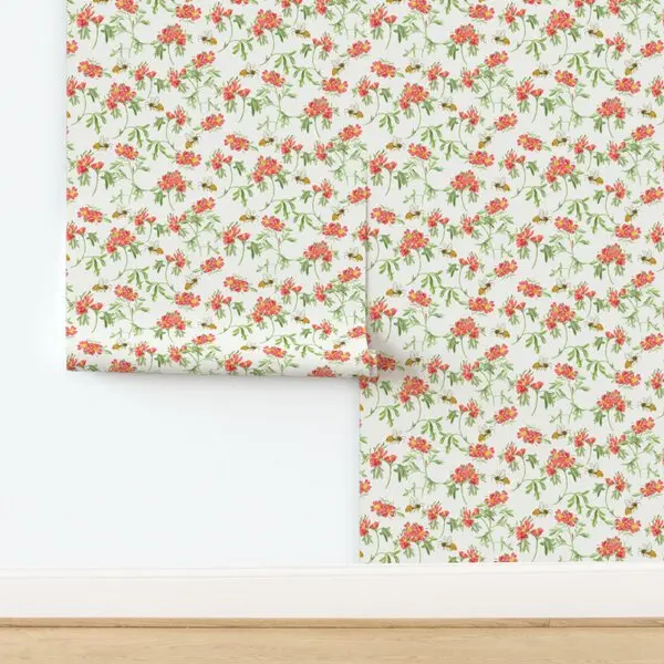 Spoonflower Watercolor Botanical Insects Organic Green Custom Pre-pasted Wallpaper - Red
