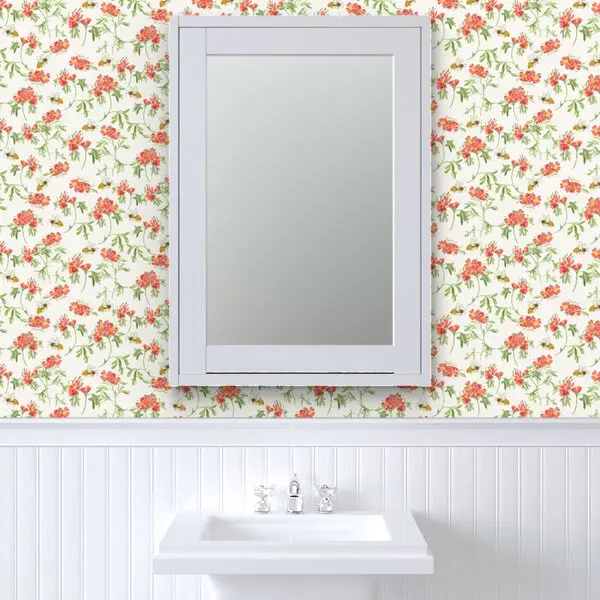 Spoonflower Watercolor Botanical Insects Organic Green Custom Pre-pasted Wallpaper - Red