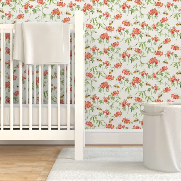 Spoonflower Watercolor Botanical Insects Organic Green Custom Pre-pasted Wallpaper - Red