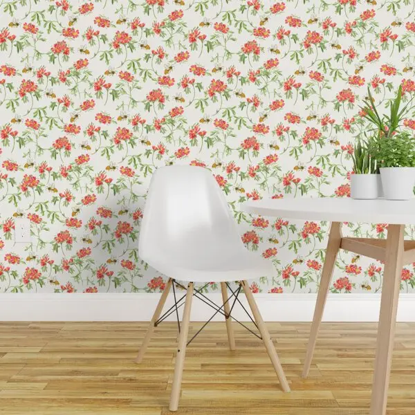 Spoonflower Watercolor Botanical Insects Organic Green Custom Pre-pasted Wallpaper - Red