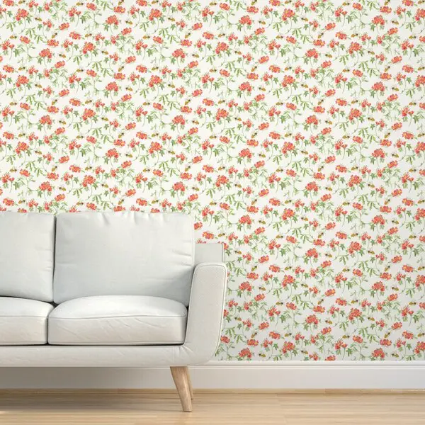 Spoonflower Watercolor Botanical Insects Organic Green Custom Pre-pasted Wallpaper - Red