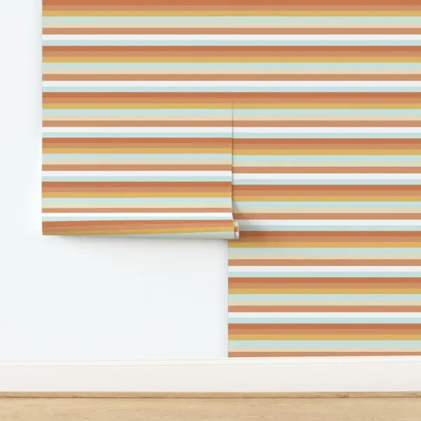 Spoonflower Stripes Coastal Chic Beach House Retro Custom Pre-pasted Wallpaper - Orange