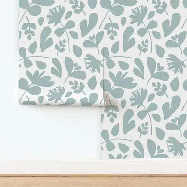 Spoonflower Duck Egg Modern Floral Silhouette Pressed Custom Pre-pasted Wallpaper