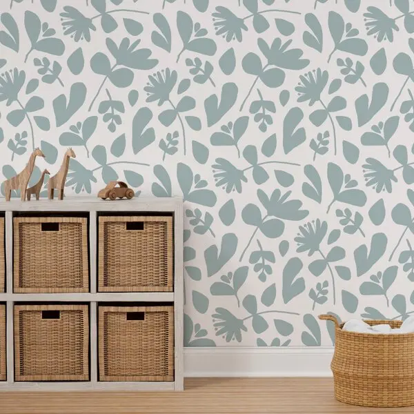 Spoonflower Duck Egg Modern Floral Silhouette Pressed Custom Pre-pasted Wallpaper
