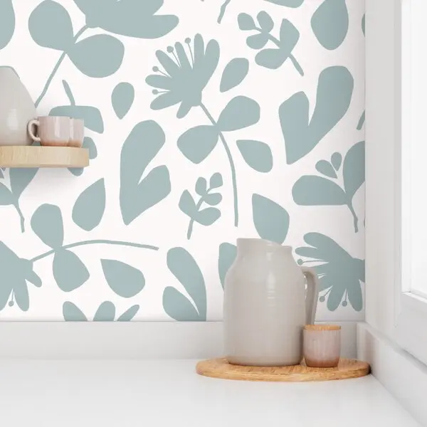 Spoonflower Duck Egg Modern Floral Silhouette Pressed Custom Pre-pasted Wallpaper