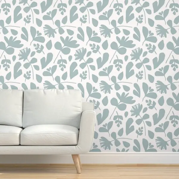 Spoonflower Duck Egg Modern Floral Silhouette Pressed Custom Pre-pasted Wallpaper