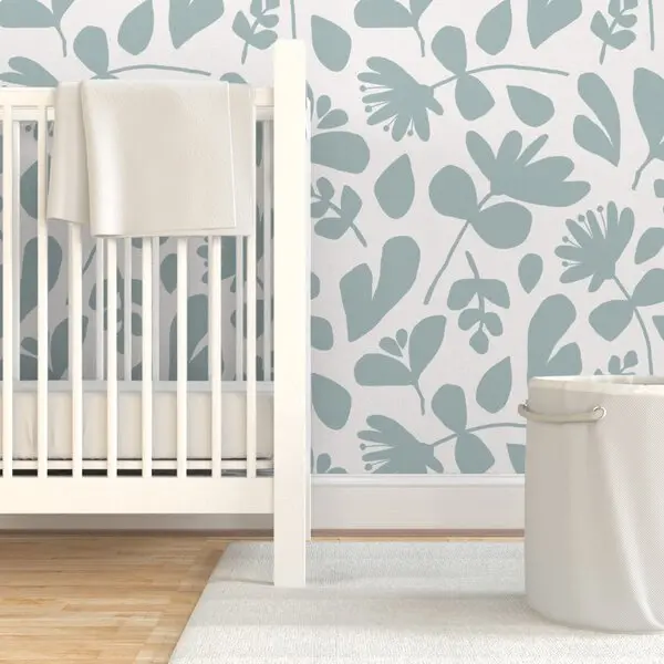 Spoonflower Duck Egg Modern Floral Silhouette Pressed Custom Pre-pasted Wallpaper