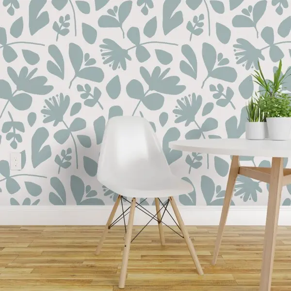 Spoonflower Duck Egg Modern Floral Silhouette Pressed Custom Pre-pasted Wallpaper