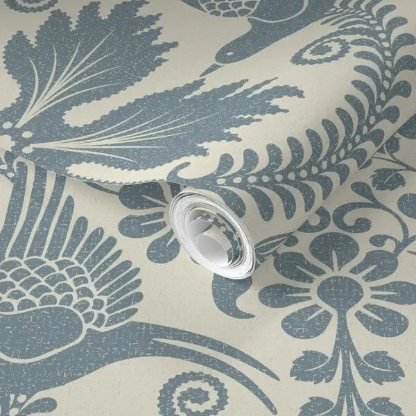 Spoonflower Bird Flowers Botanical Floral Damask Italian Custom Pre-pasted Wallpaper - Blue