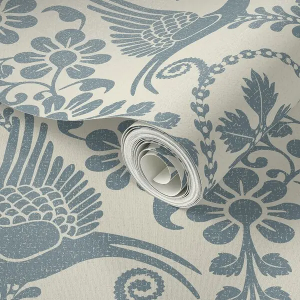 Spoonflower Bird Flowers Botanical Floral Damask Italian Custom Pre-pasted Wallpaper - Blue