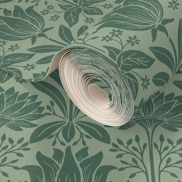 Spoonflower Tulip Damask Medium Pine Dusty Sage 100% Natural Sisal Grasscloth Wallcovering - Green,sage