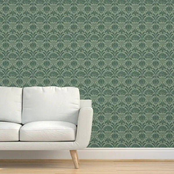 Spoonflower Tulip Damask Medium Pine Dusty Sage 100% Natural Sisal Grasscloth Wallcovering