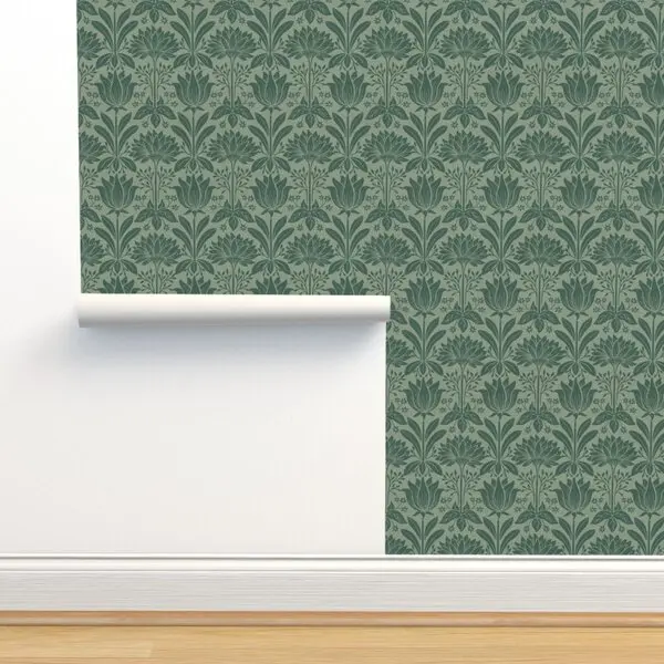 Spoonflower Tulip Damask Medium Pine Dusty Sage 100% Natural Sisal Grasscloth Wallcovering