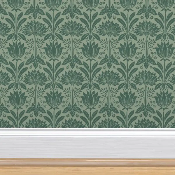 Spoonflower Tulip Damask Medium Pine Dusty Sage 100% Natural Sisal Grasscloth Wallcovering