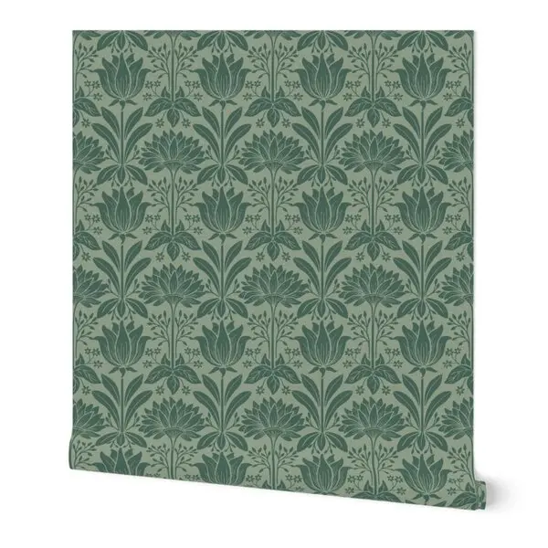 Spoonflower Tulip Damask Medium Pine Dusty Sage 100% Natural Sisal Grasscloth Wallcovering