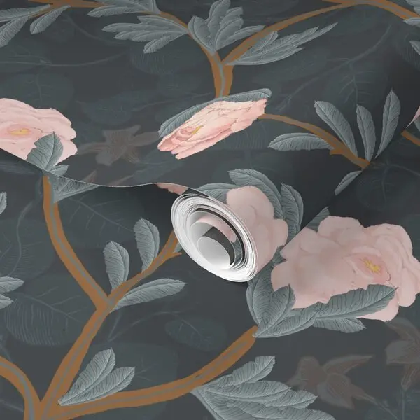 Spoonflower Elegant Rose Blush Pink Charcoal Gray Feminine Custom Pre-pasted Wallpaper - Pink,gray