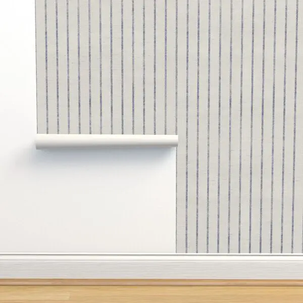 Spoonflower Blue Aegean Simple Ticking Stripe 100% Natural Sisal Grasscloth Wallcovering