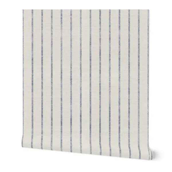 Spoonflower Blue Aegean Simple Ticking Stripe 100% Natural Sisal Grasscloth Wallcovering