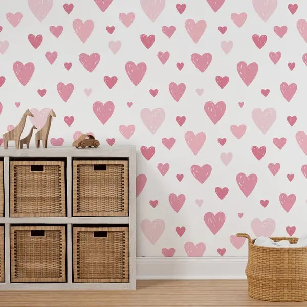 Spoonflower Love Heart Pastel Custom Pre-pasted Wallpaper - Pink