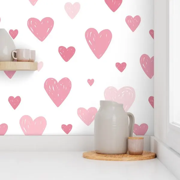 Spoonflower Love Heart Pastel Custom Pre-pasted Wallpaper - Pink