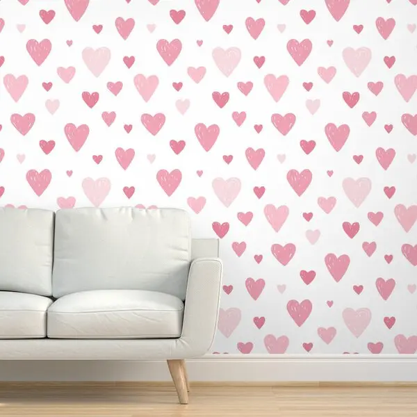 Spoonflower Love Heart Pastel Custom Pre-pasted Wallpaper - Pink