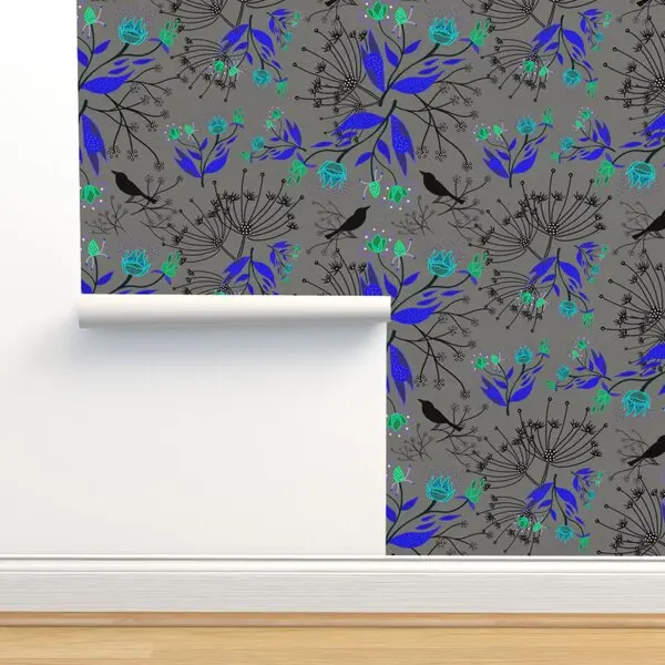Spoonflower Garden On Planet X Grey 100% Natural Sisal Grasscloth Wallcovering