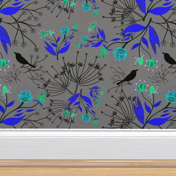 Spoonflower Garden On Planet X Grey 100% Natural Sisal Grasscloth Wallcovering