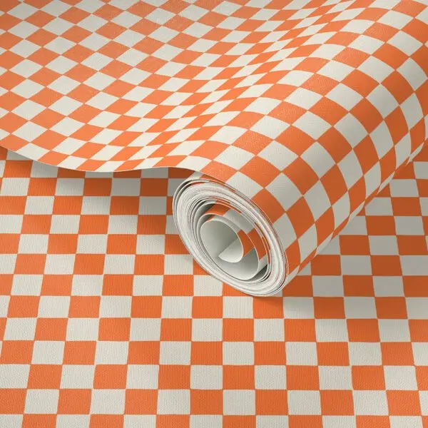 Spoonflower Bright Bold Summer Checker Tangerine Custom Pre-pasted Wallpaper