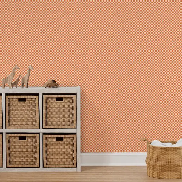 Spoonflower Bright Bold Summer Checker Tangerine Custom Pre-pasted Wallpaper