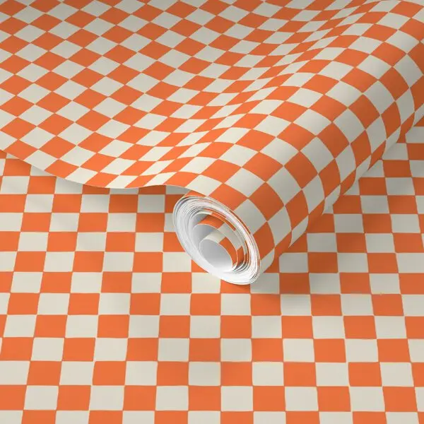Spoonflower Bright Bold Summer Checker Tangerine Custom Pre-pasted Wallpaper - Orange