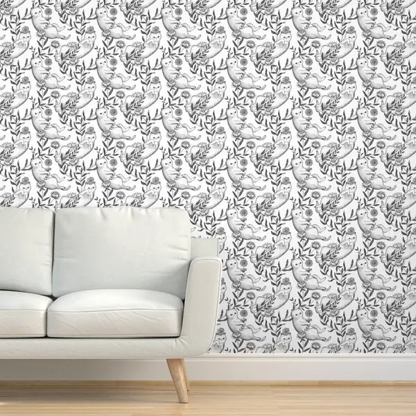 Spoonflower Chinoiserie Toile Cat Feline Kitty Floral Custom Pre-pasted Wallpaper - Black