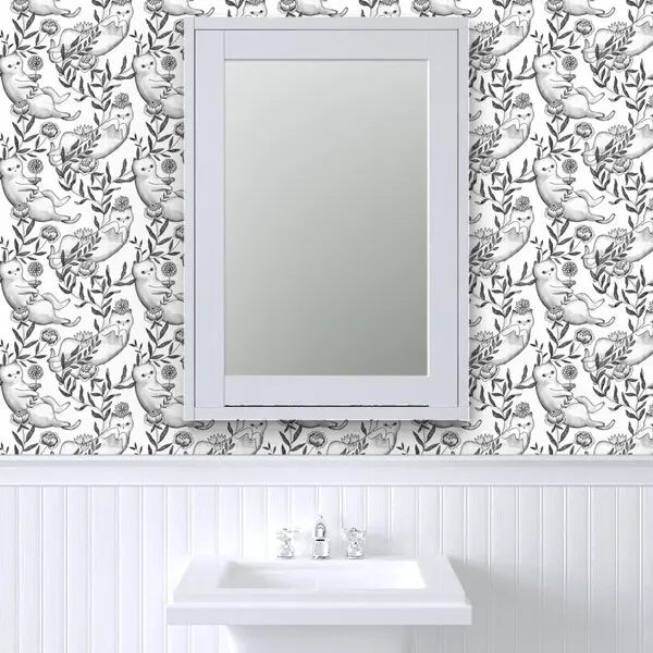 Spoonflower Chinoiserie Toile Cat Feline Kitty Floral Custom Pre-pasted Wallpaper - Black