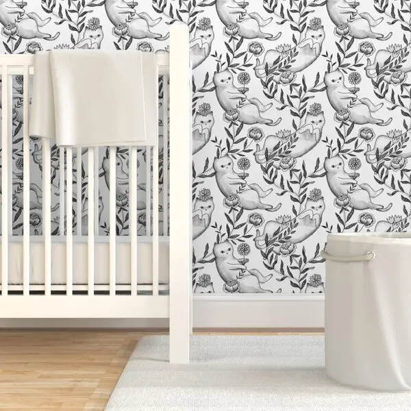 Spoonflower Chinoiserie Toile Cat Feline Kitty Floral Custom Pre-pasted Wallpaper - Black