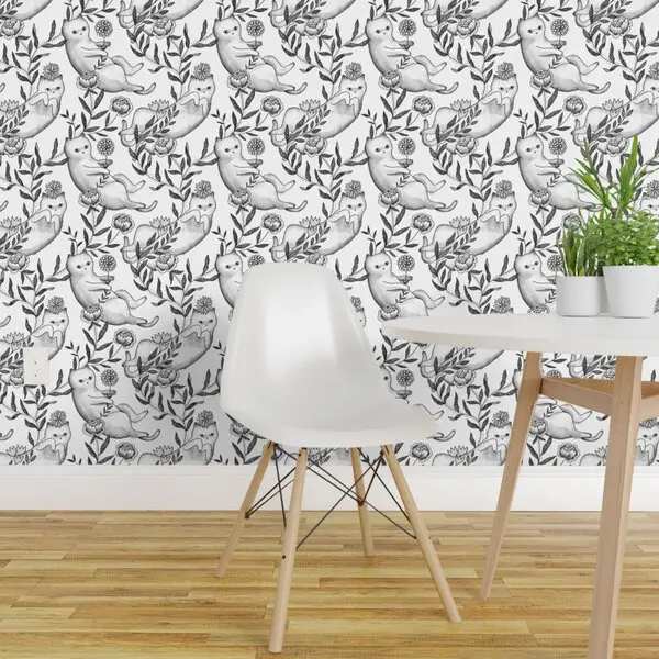 Spoonflower Chinoiserie Toile Cat Feline Kitty Floral Custom Pre-pasted Wallpaper - Black