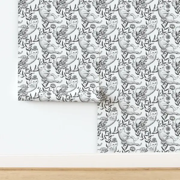 Spoonflower Chinoiserie Toile Cat Feline Kitty Floral Custom Pre-pasted Wallpaper - Black