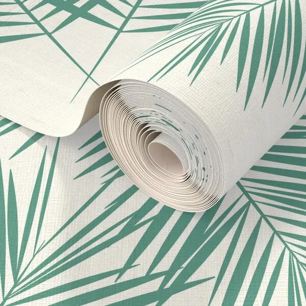 Spoonflower Palm Leaf Aqua Green White Leaves Tropical Summer 100% Natural Sisal Grasscloth Wallcovering - Mint,green,teal