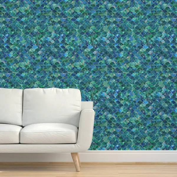 Spoonflower Peacock Mermaid Scales 100% Natural Sisal Grasscloth Wallcovering