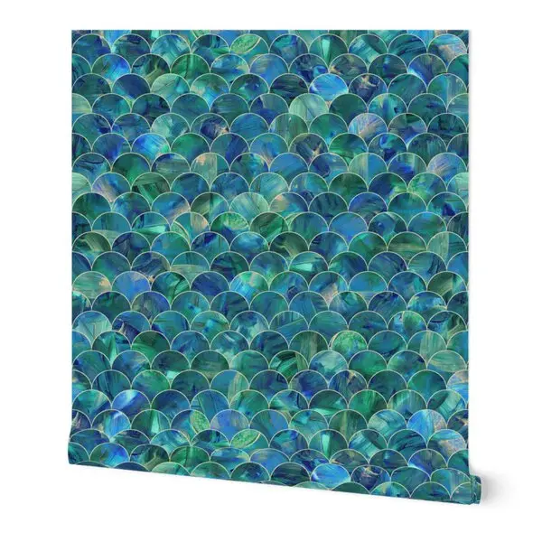Spoonflower Peacock Mermaid Scales 100% Natural Sisal Grasscloth Wallcovering