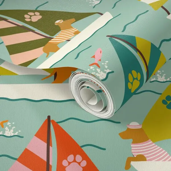 Spoonflower Beach Dogs Coastal Sailboat Whimsical Sailors Aqua Custom Pre-pasted Wallpaper - Aqua,coral