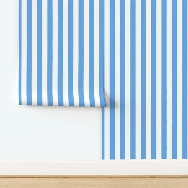 Spoonflower Coastal Beach Blue Cabana Hut Tent Stripes Custom Pre-pasted Wallpaper