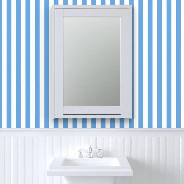 Spoonflower Coastal Beach Blue Cabana Hut Tent Stripes Custom Pre-pasted Wallpaper