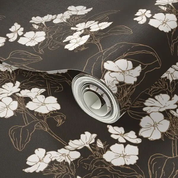 Spoonflower Dark Floral Timeless Classic Botanical Custom Pre-pasted Wallpaper - Brown