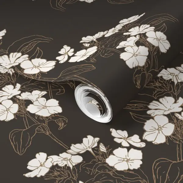 Spoonflower Dark Floral Timeless Classic Botanical Custom Pre-pasted Wallpaper - Brown