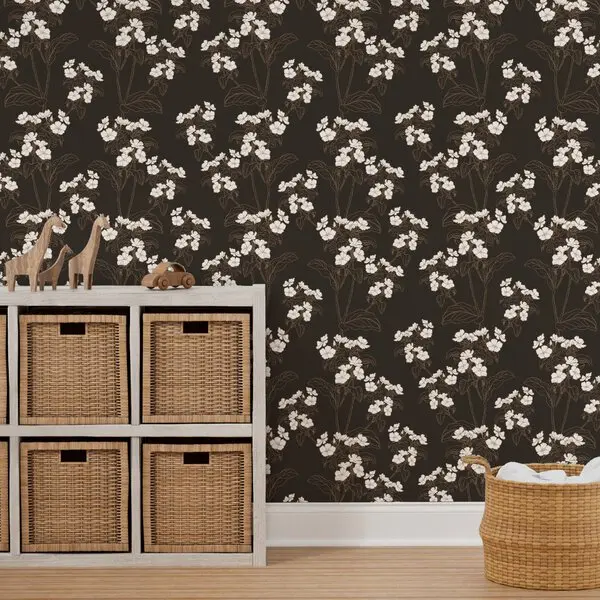 Spoonflower Dark Floral Timeless Classic Botanical Custom Pre-pasted Wallpaper