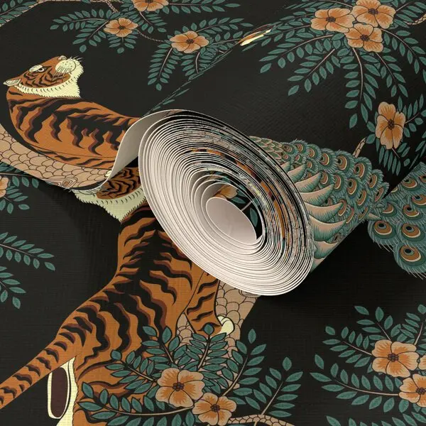 Spoonflower Large Tiger And Peacock 100% Natural Sisal Grasscloth Wallcovering - Gray,brown,green