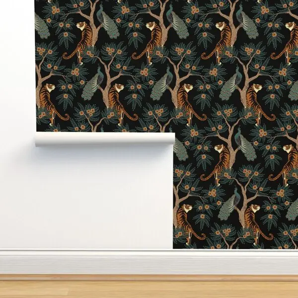 Spoonflower Large Tiger And Peacock 100% Natural Sisal Grasscloth Wallcovering - Gray,brown,green