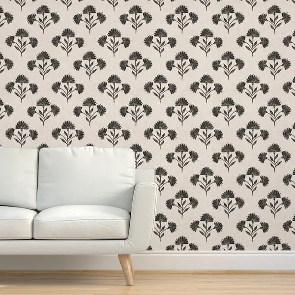 Spoonflower Suri Floral B W 100% Natural Sisal Grasscloth Wallcovering