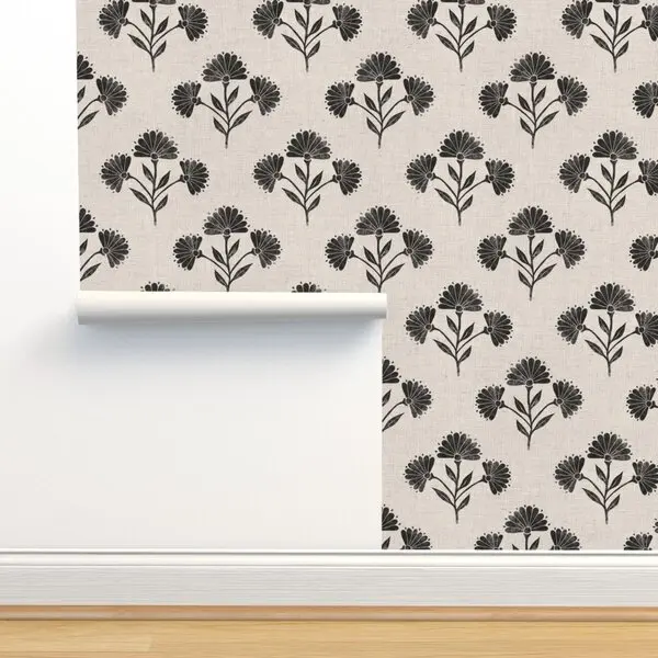 Spoonflower Suri Floral B W 100% Natural Sisal Grasscloth Wallcovering